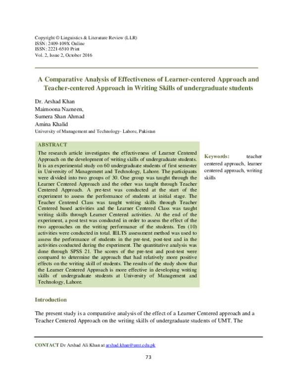 (PDF) A Comparative Analysis of Effectiveness of Learner-centered Approach and Teacher-centered ...