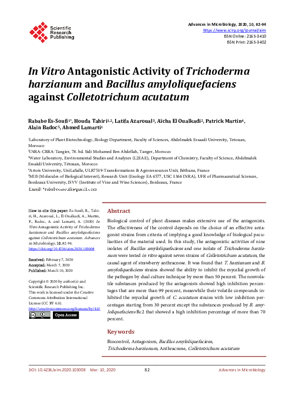 (PDF) In Vitro Antagonistic Activity of Trichoderma harzianum and Bacillus amyloliquefaciens ...