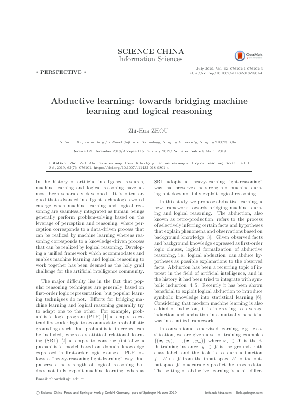 (PDF) Abductive learning: towards bridging machine learning and logical reasoning