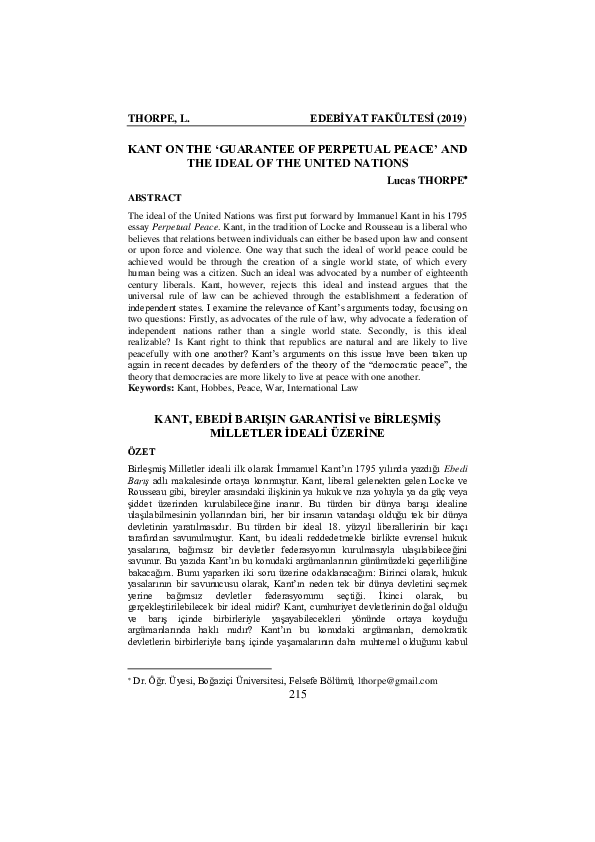 (PDF) KANT ON THE 'GUARANTEE OF PERPETUAL PEACE' AND THE IDEAL OF THE ...