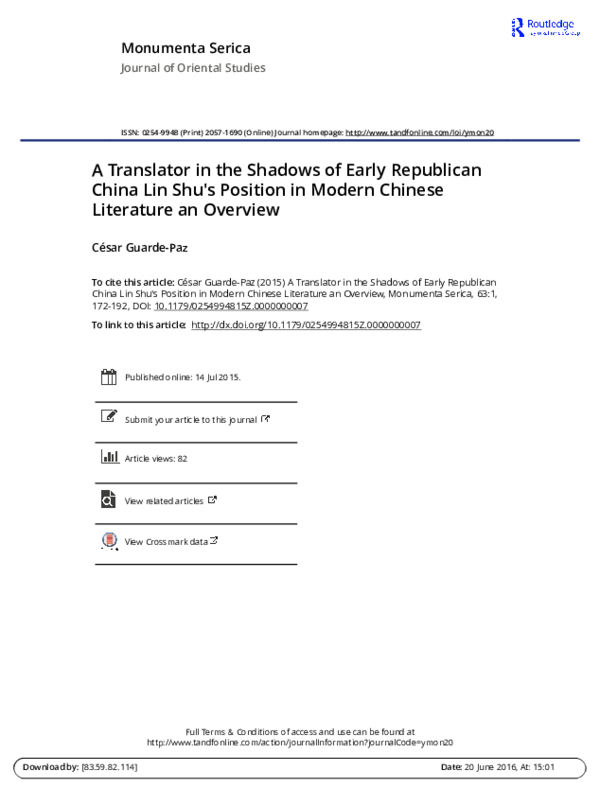 (PDF) A Translator in the Shadows of Early Republican China: Lin Shu’s ...