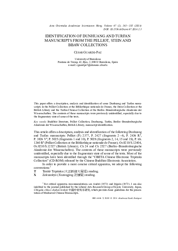 (PDF) Identification of some Dunhuang and Turfan manuscripts from the ...