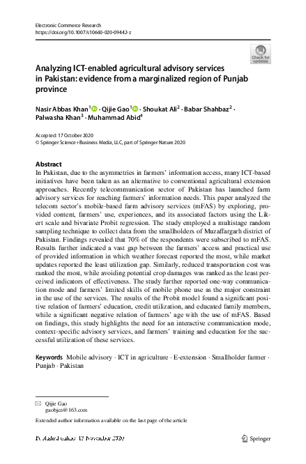 (PDF) Analyzing ICT-enabled agricultural advisory services in Pakistan: evidence from a ...