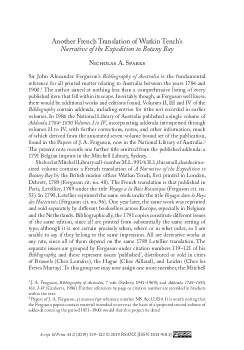 (PDF) Another French Translation of Watkin Tench ’s Narrative of the ...