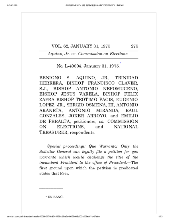 (PDF) Aquino, Jr. Vs Comelec, 62 SCRA 275, G.R. No. L-40004, Jan. 31,