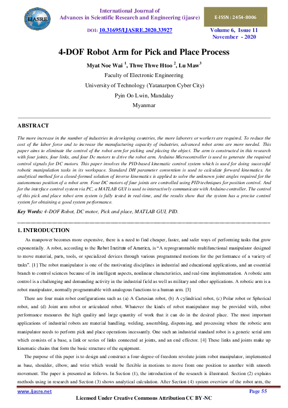 (PDF) 4-DOF Robot Arm for Pick and Place Process