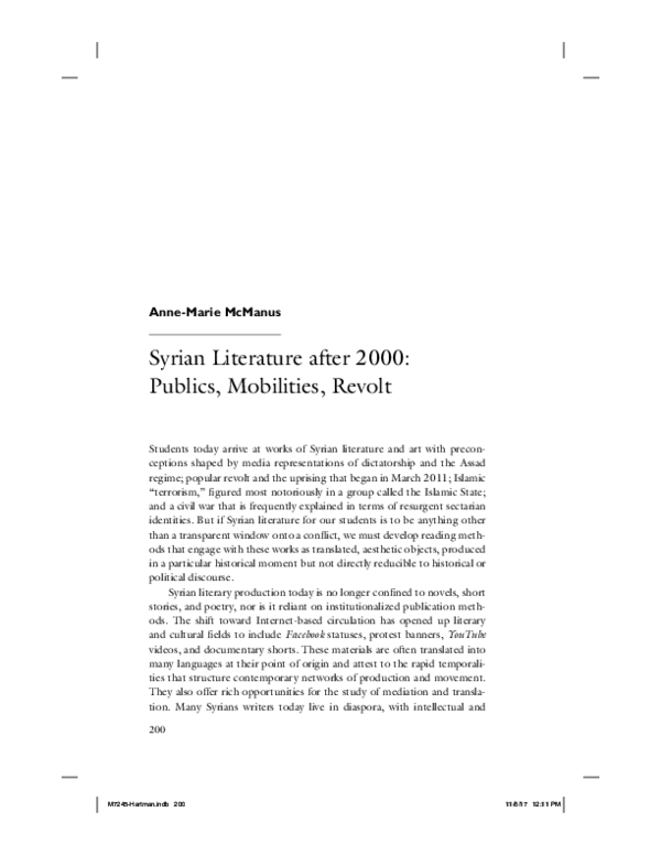 (PDF) Syrian Literature After 2000: Publics, Mobilities, Revolt