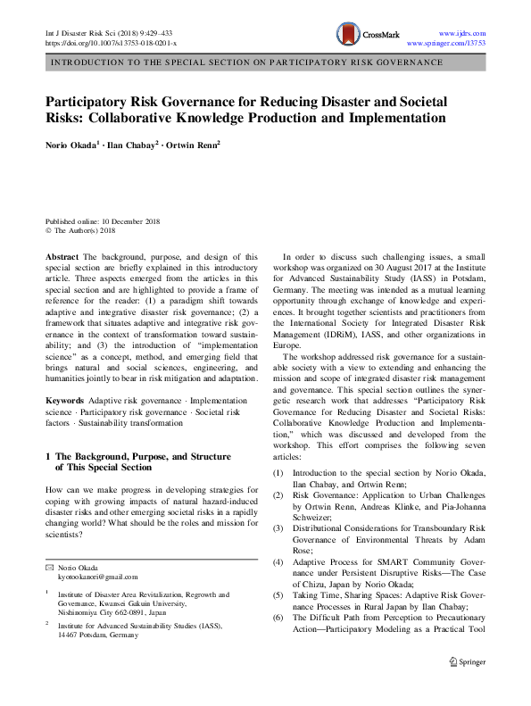 (PDF) Participatory Risk Governance for Reducing Disaster and Societal Risks: Collaborative ...