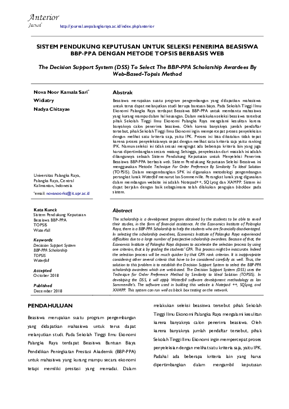 (PDF) SISTEM PENDUKUNG KEPUTUSAN UNTUK SELEKSI PENERIMA BEASISWA BBP-PPA DENGAN METODE TOPSIS ...