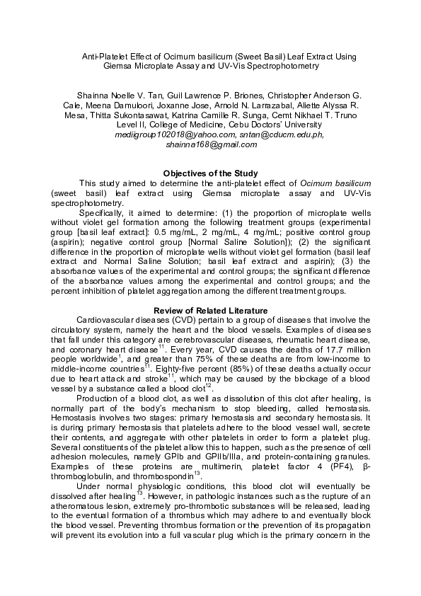 (PDF) Anti-Platelet Effect of Ocimum basilicum (Sweet Basil) Leaf ...