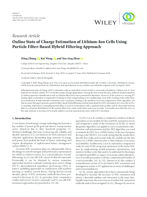 Pdf Charge Estimation Of Lithium Ion Cells Using Particle Filter Based Hybrid Filtering Approach