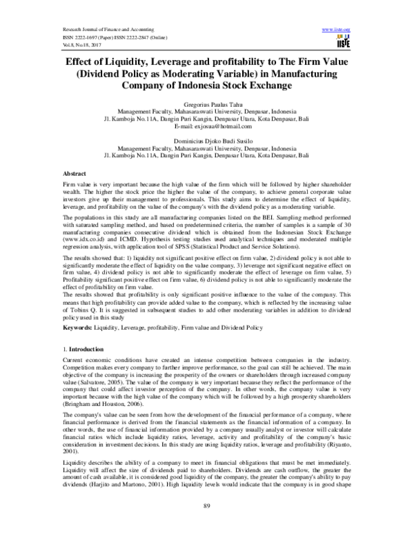 (PDF) Effect of Liquidity, Leverage and profitability to The Firm Value (Dividend Policy as ...