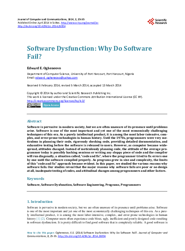(PDF) Software Dysfunction: Why Do Software Fail