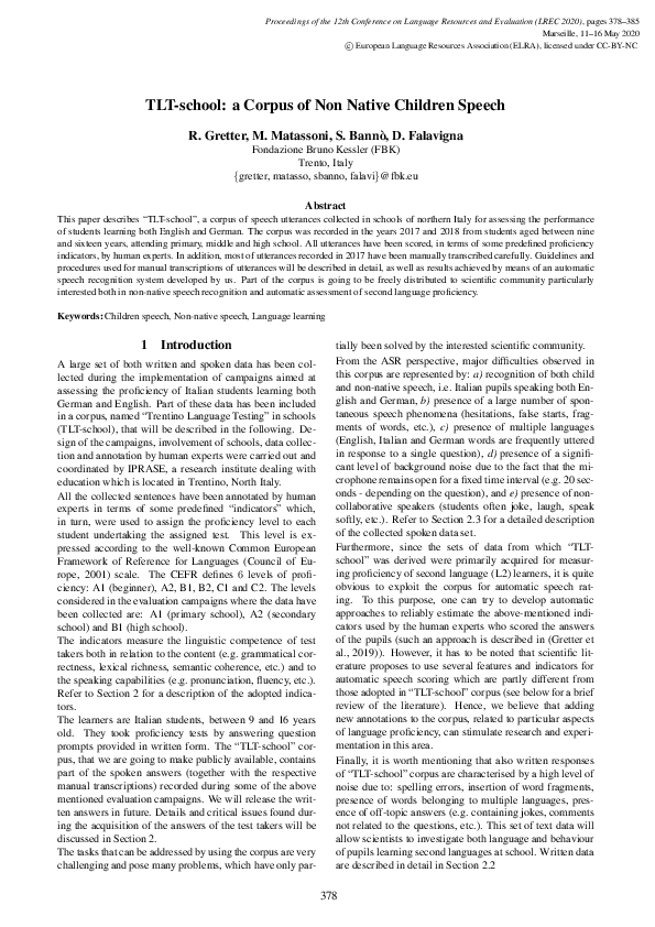 (PDF) TLT-school: a Corpus of Non Native Children Speech
