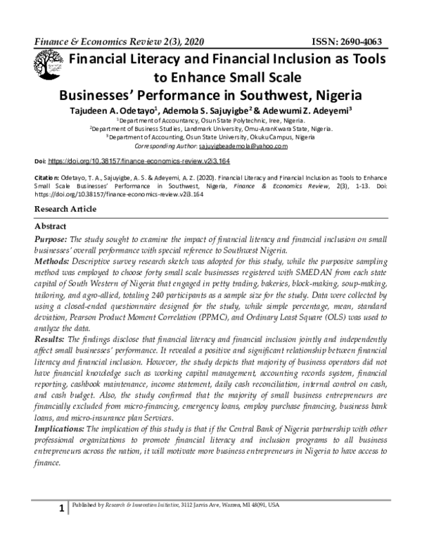 (PDF) Financial Literacy and Financial Inclusion as Tools to Enhance Small Scale Businesses ...