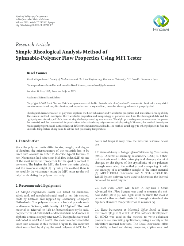 (PDF) Simple Rheological Analysis Method of Spinnable-Polymer Flow ...
