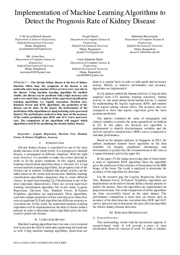 (PDF) Implementation of Machine Learning Algorithms to Detect the Prognosis Rate of Kidney Disease