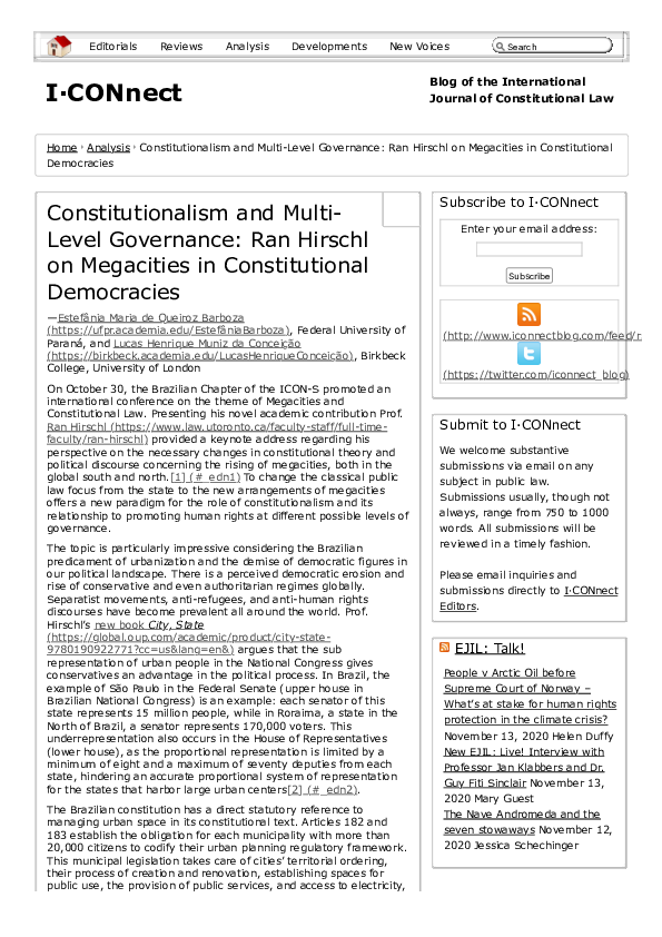 (PDF) I·CONnect – Constitutionalism and Multi-Level Governance: Ran Hirschl on Megacities in ...