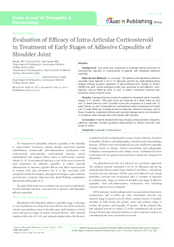 (PDF) Evaluation of Efficacy of Intra-Articular Corticosteroid in Treatment of Early Stages of ...