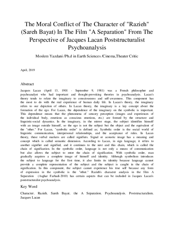 (PDF) The Moral Conflict of The Character of "Razieh" (Sareh Bayat) In ...