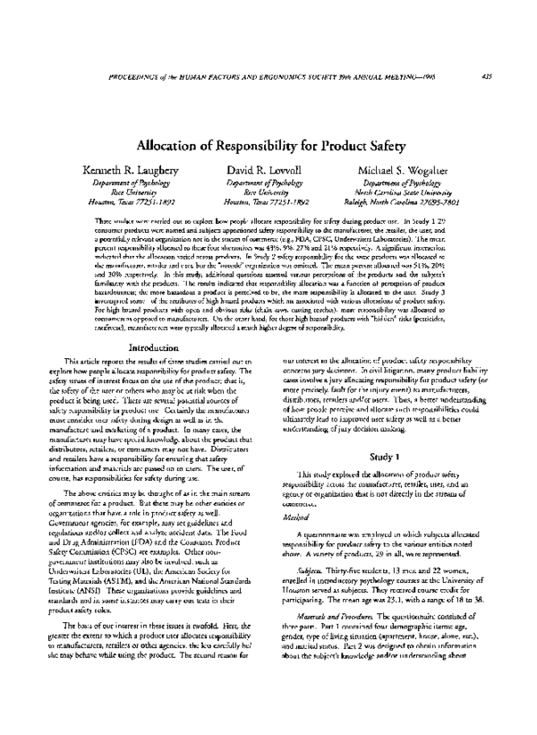 (PDF) Allocation of Responsibility for Product Safety
