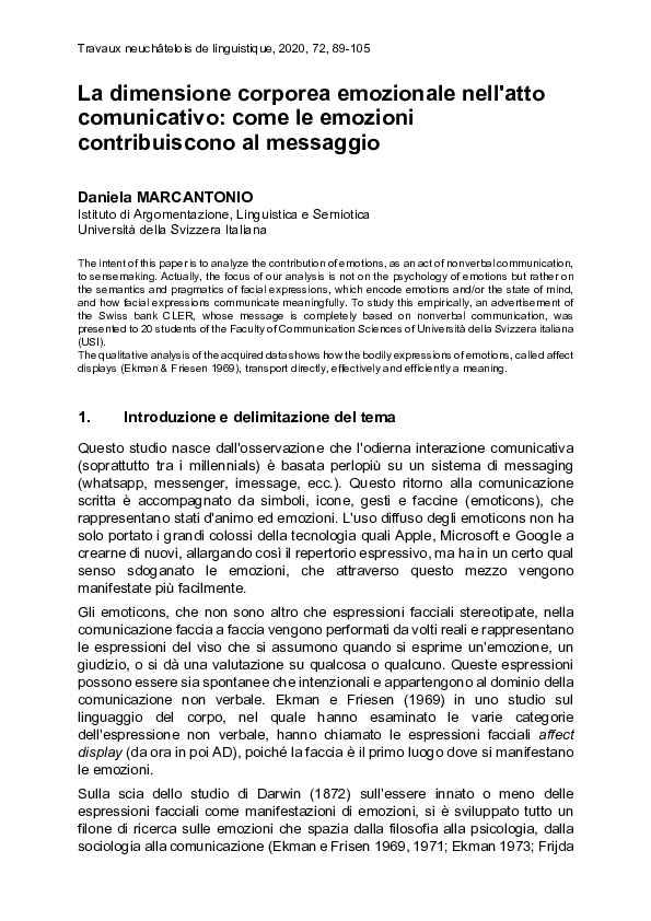 (PDF) La dimensione corporea emozionale nell'atto comunicativo: come le ...