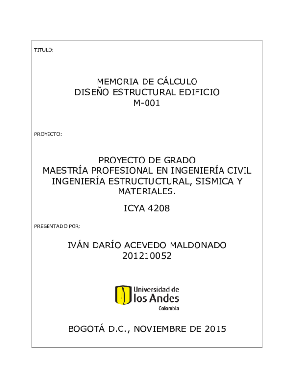 (PDF) TITULO: MEMORIA DE CÁLCULO DISEÑO ESTRUCTURAL EDIFICIO M-001 PROYECTO: PROYECTO DE GRADO ...