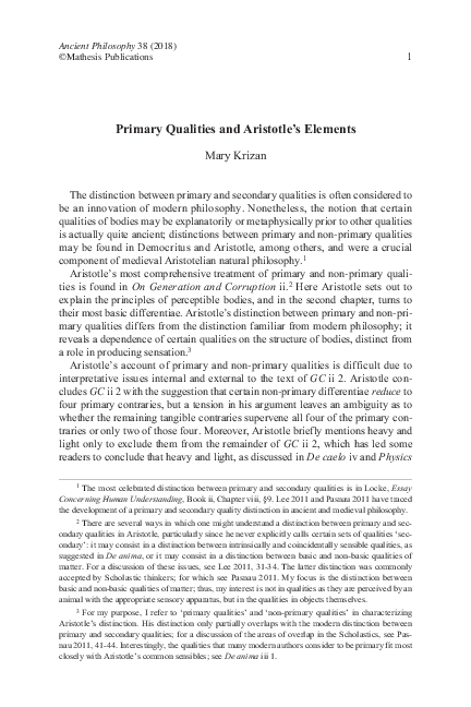 (PDF) Primary Qualities and Aristotle's Elements