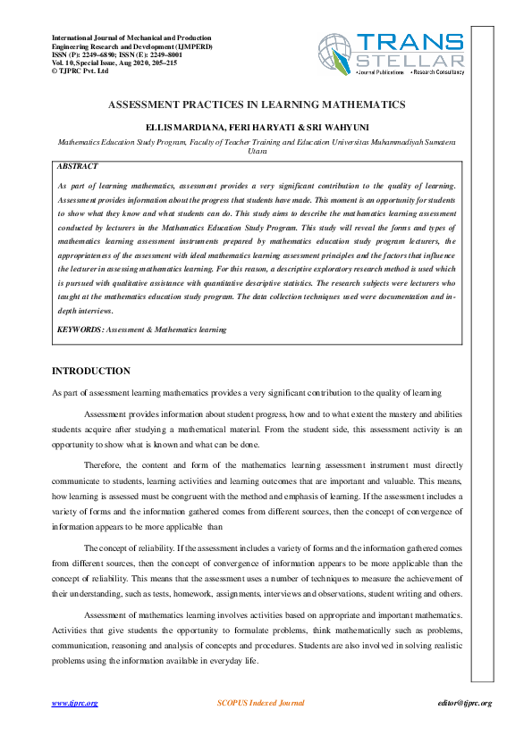 (PDF) ASSESSMENT PRACTICES IN LEARNING MATHEMATICS