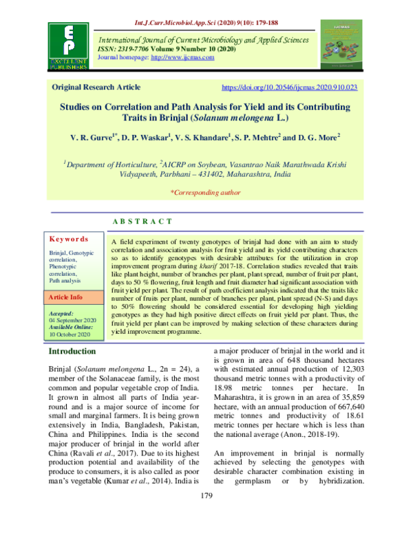(PDF) Studies on Correlation and Path Analysis for Yield and its Contributing Traits in Brinjal ...