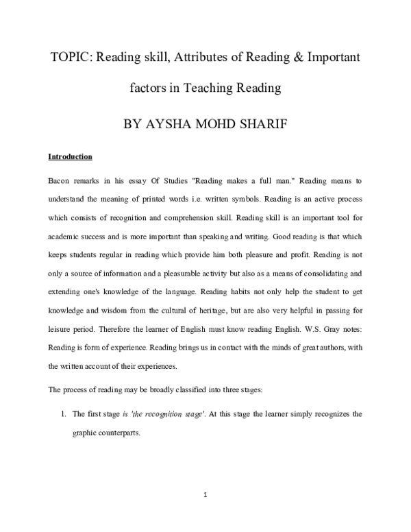 (DOC) TOPIC: Reading skill, Attributes of Reading & Important factors ...