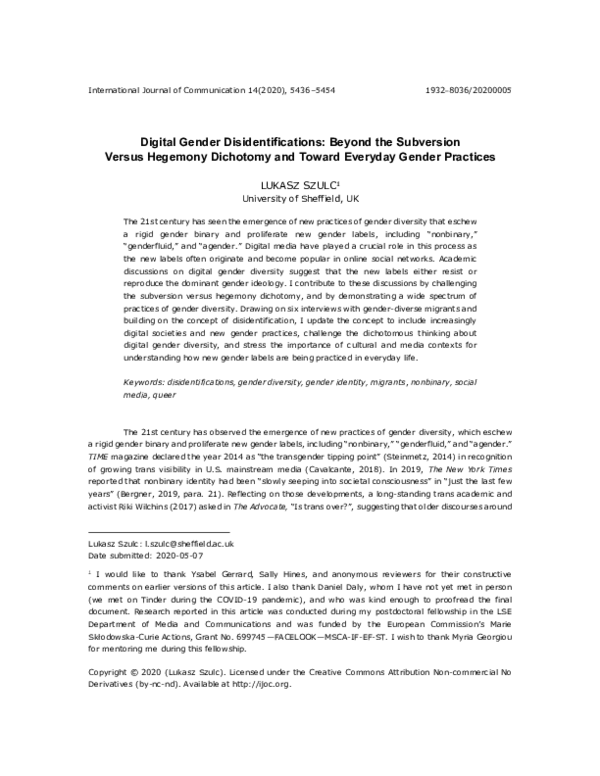 (PDF) Digital Gender Disidentifications: Beyond the Subversion Versus ...