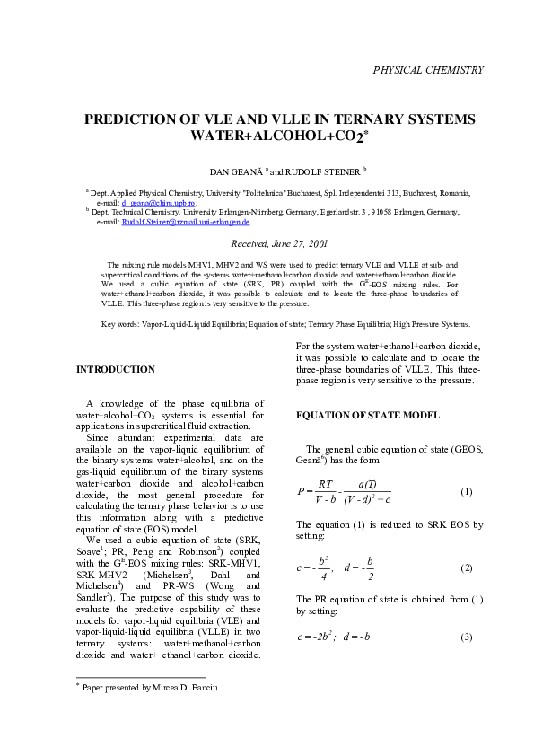 (PDF) PREDICTION OF VLE AND VLLE IN TERNARY SYSTEMS WATER+ALCOHOL+CO 2
