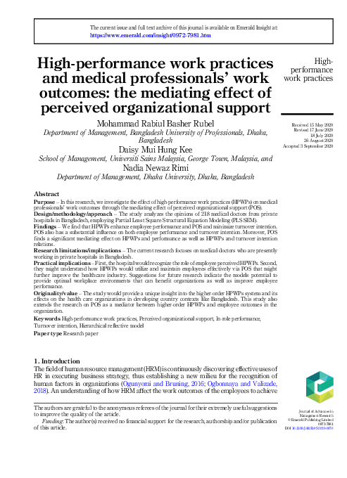 (PDF) High-performance work practices and medical professionals' work ...