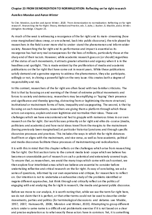 (PDF) From demonization to normalization: Reflecting on far right research