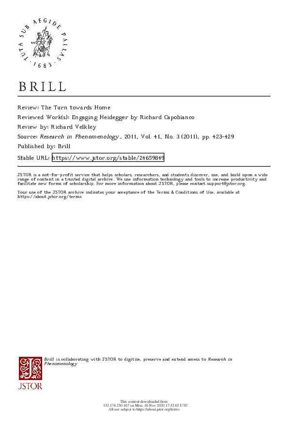 (PDF) A Review of Capobianco's book "Engaging Heidegger" by Velkley
