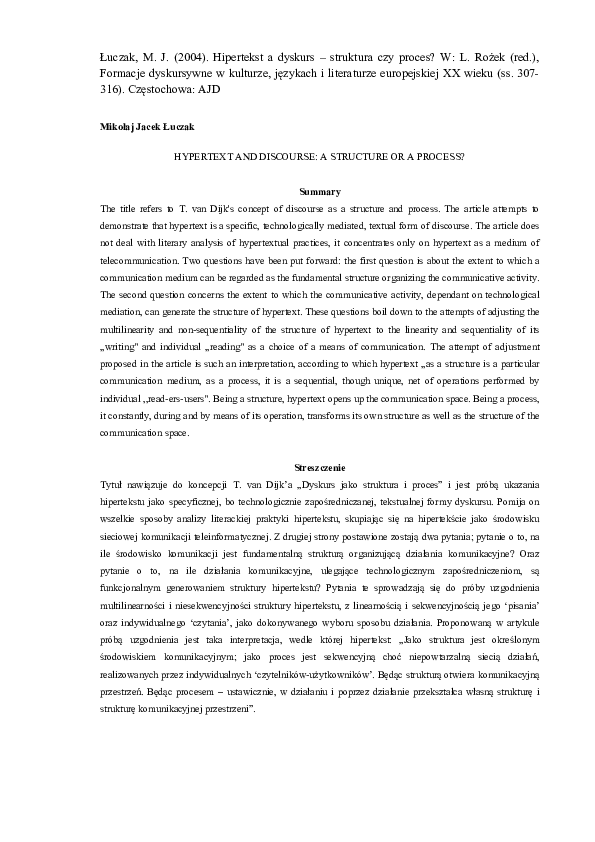 (PDF) Hipertekst a dyskurs - struktura czy proces? / Hypertext and ...