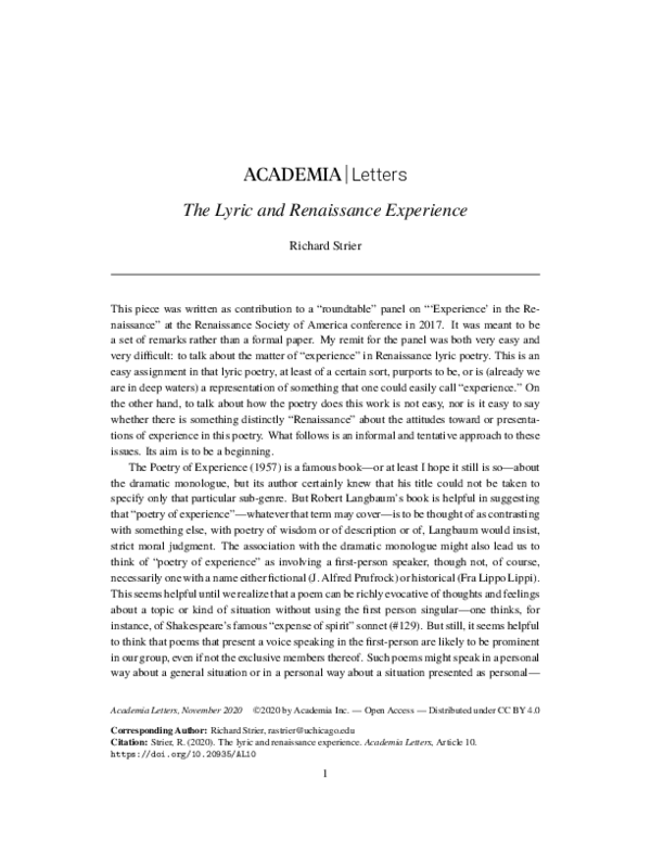 (PDF) The Lyric and Renaissance Experience