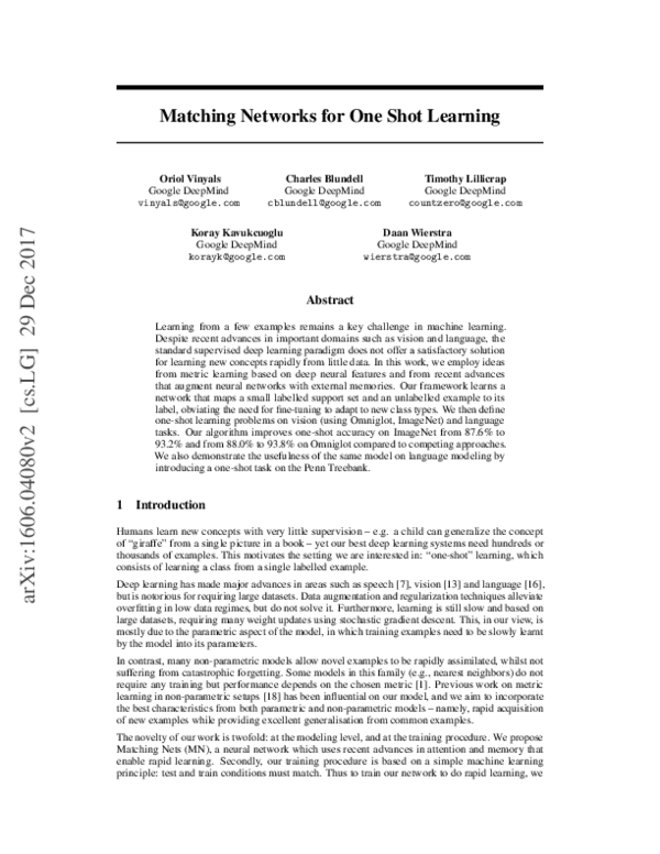 (PDF) Matching Networks for One Shot Learning