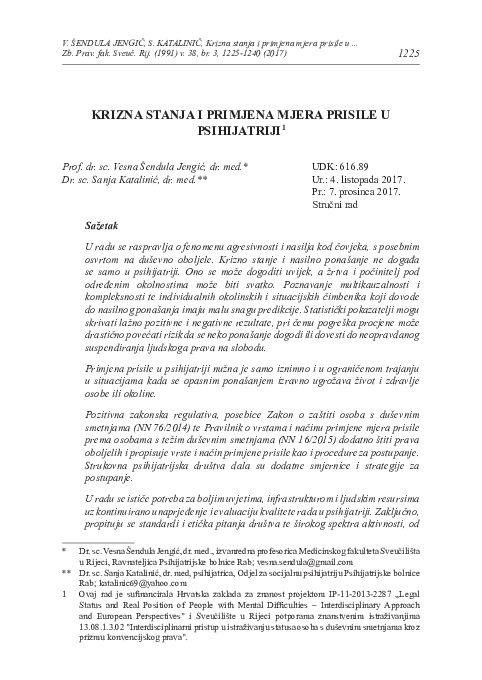 (PDF) KRIZNA STANJA I PRIMJENA MJERA PRISILE U PSIHIJATRIJI 1