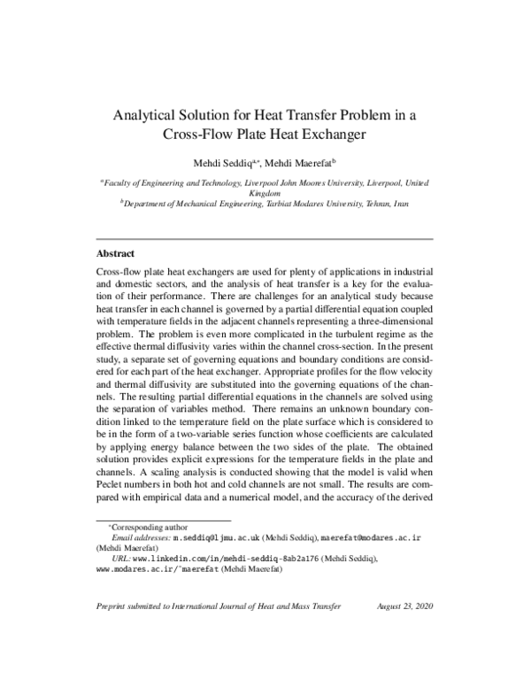 Pdf Analytical Solution For Heat Transfer Problem In A Cross Flow