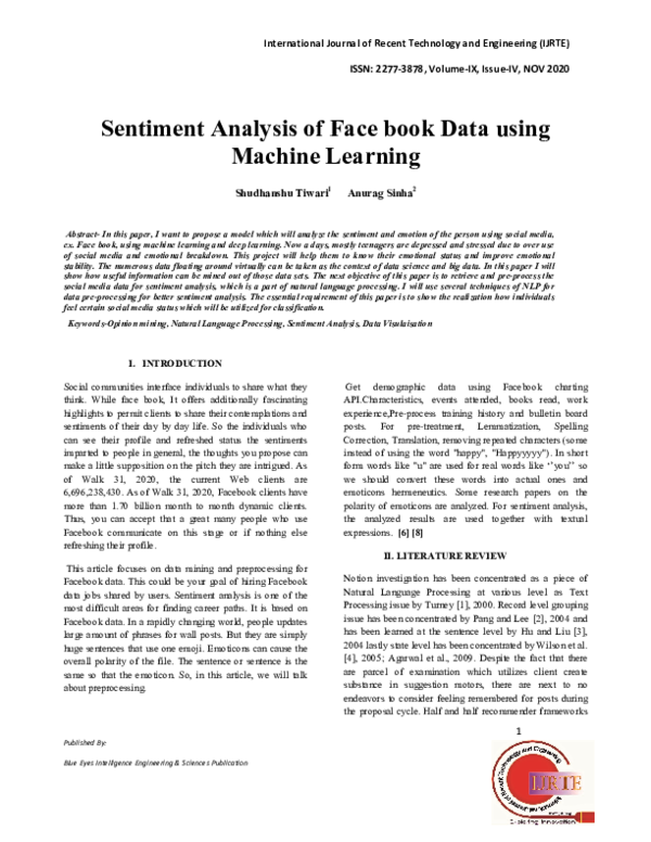 (PDF) Sentiment Analysis of Face book Data using Machine Learning