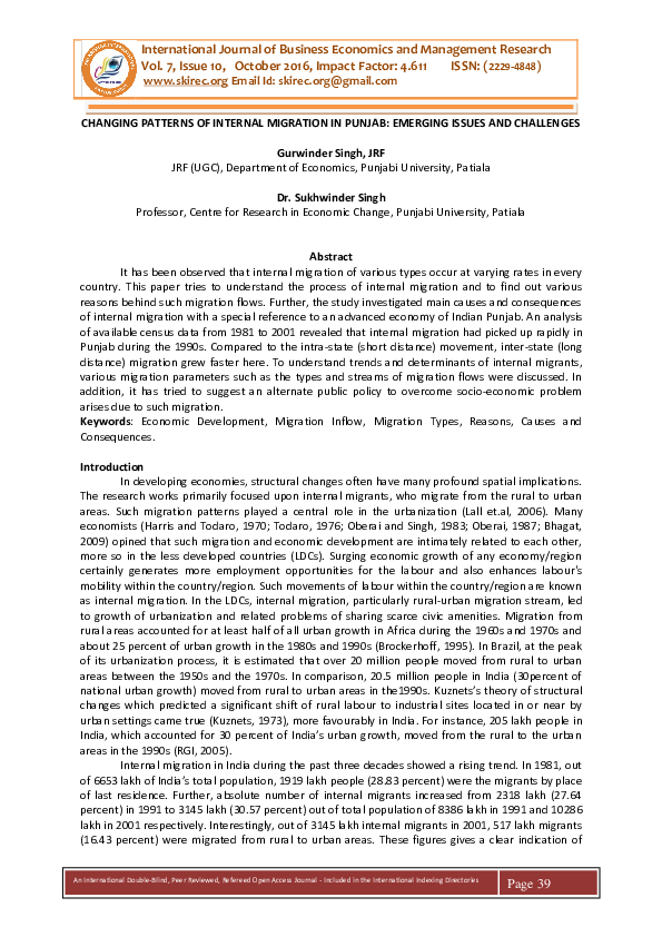(PDF) CHANGING PATTERNS OF INTERNAL MIGRATION IN PUNJAB: EMERGING ...