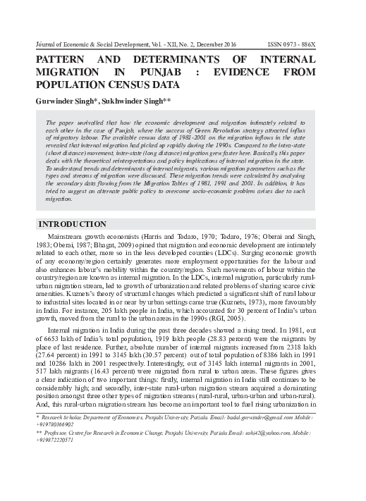 (PDF) PATTERN AND DETERMINANTS OF INTERNAL MIGRATION IN PUNJAB ...