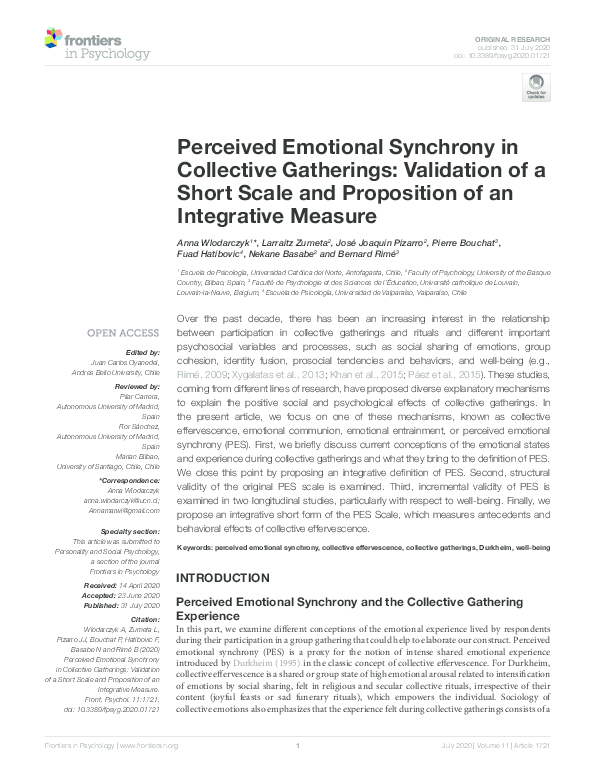 (PDF) Perceived Emotional Synchrony in Collective Gatherings: Validation of a Short Scale and ...