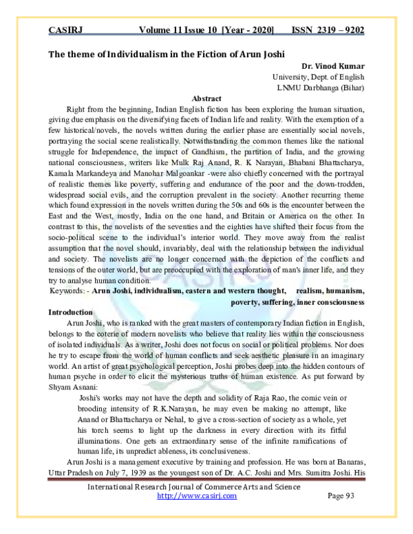 (PDF) The theme of Individualism in the Fiction of Arun Joshi