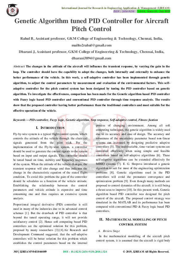 Pdf Genetic Algorithm Tuned Pid Controller For Aircraft Pitch Control