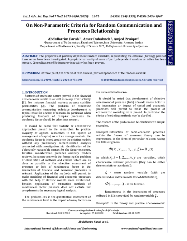 (PDF) On Non-Parametric Criteria for Random Communication and Processes ...