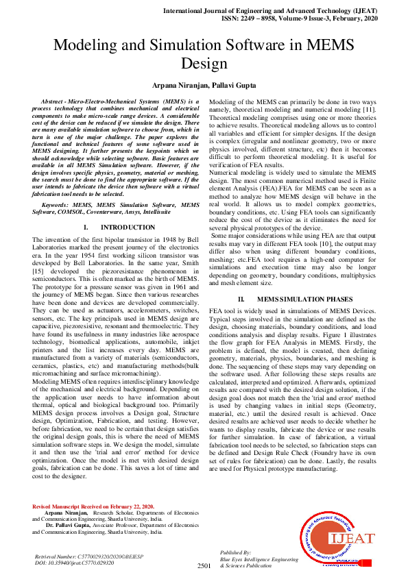 Pdf Modeling And Simulation Software In Mems Design