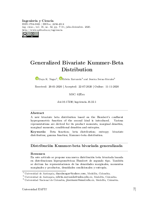 (PDF) Generalized Bivariate Kummer-Beta Distribution | Revista Ingeniería y Ciencia - Academia.edu